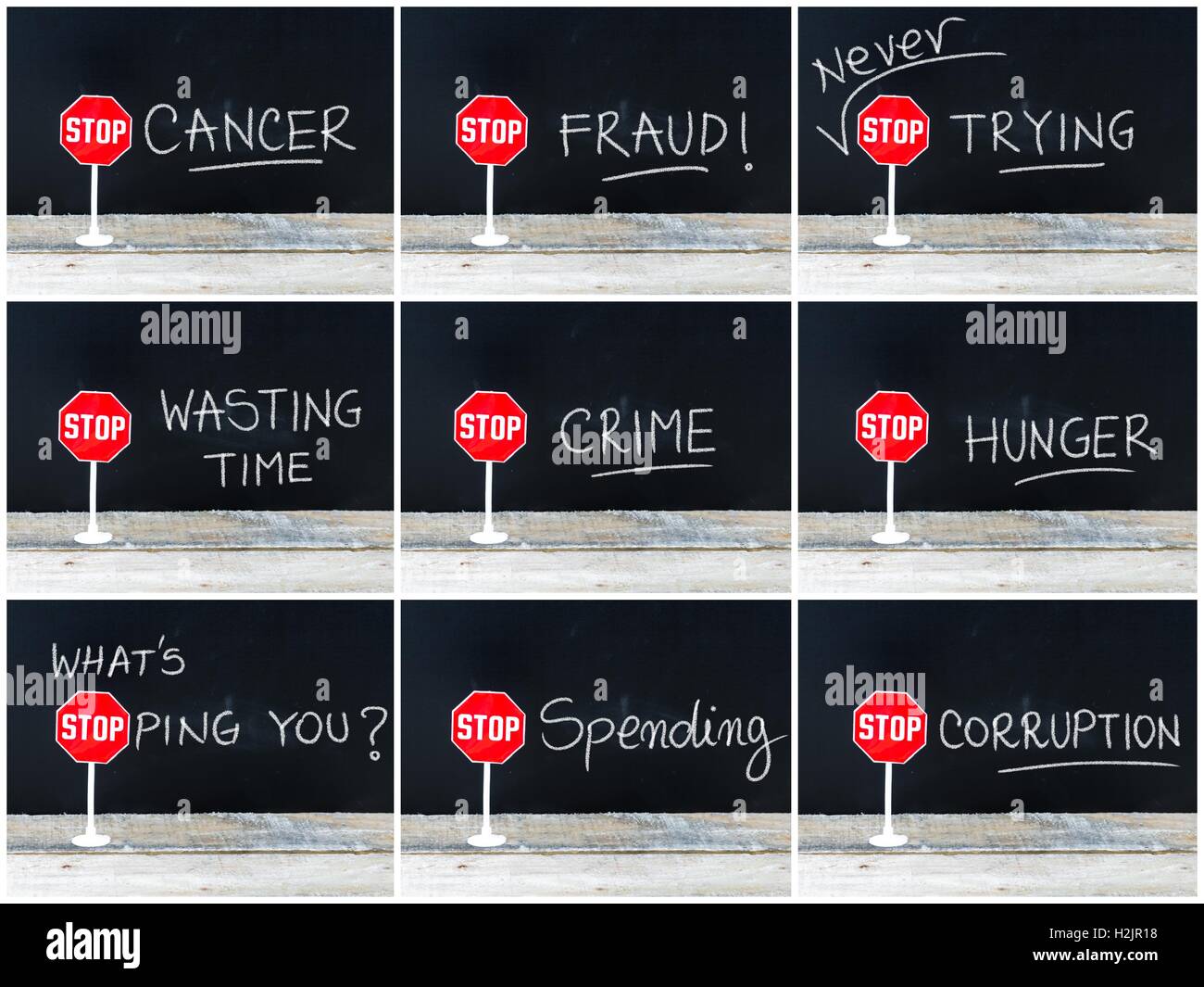 Photo collage of STOP messages written on chalkboard. Mini STOP sign ...