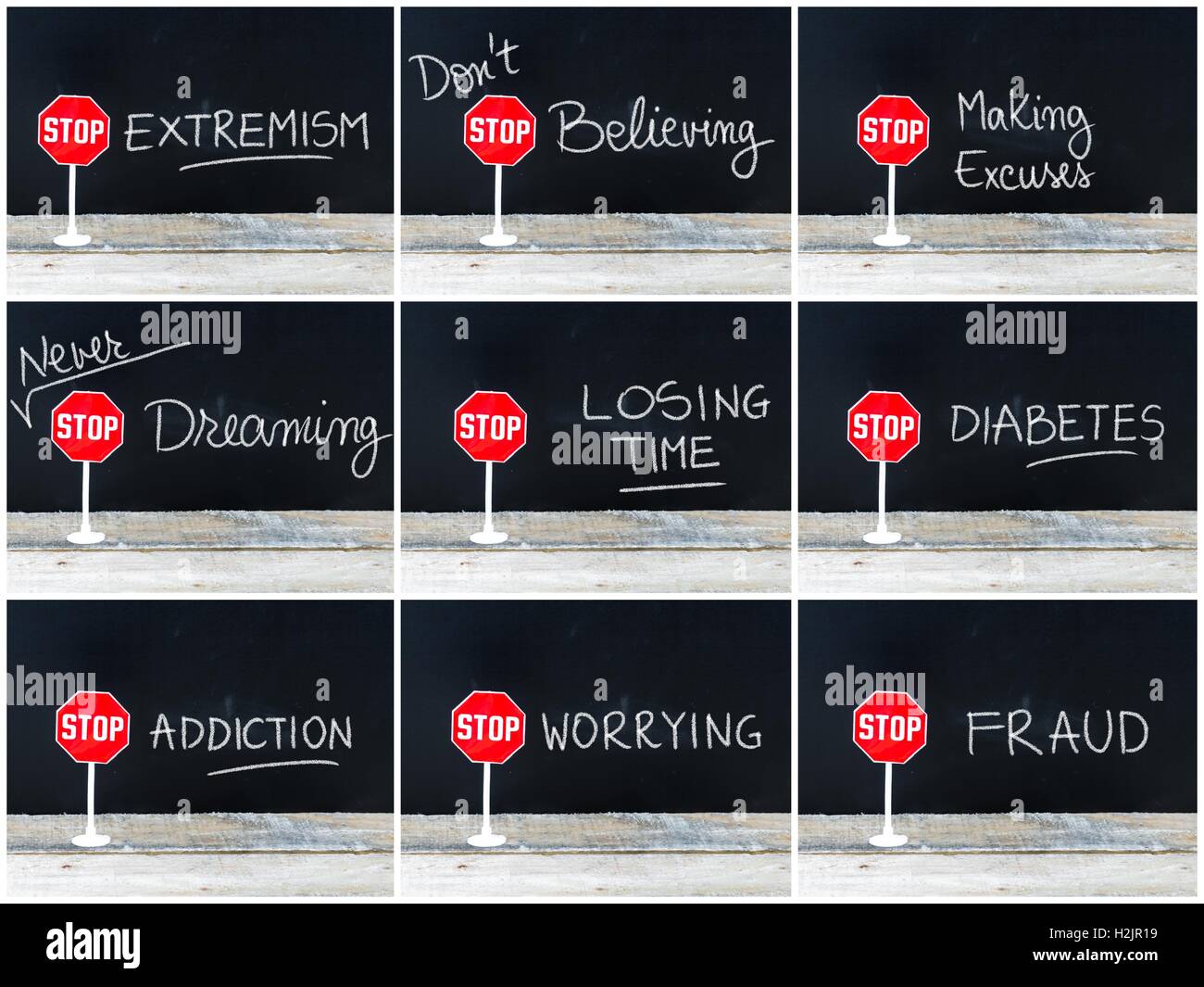 Photo collage of STOP messages written on chalkboard. Mini STOP sign ...