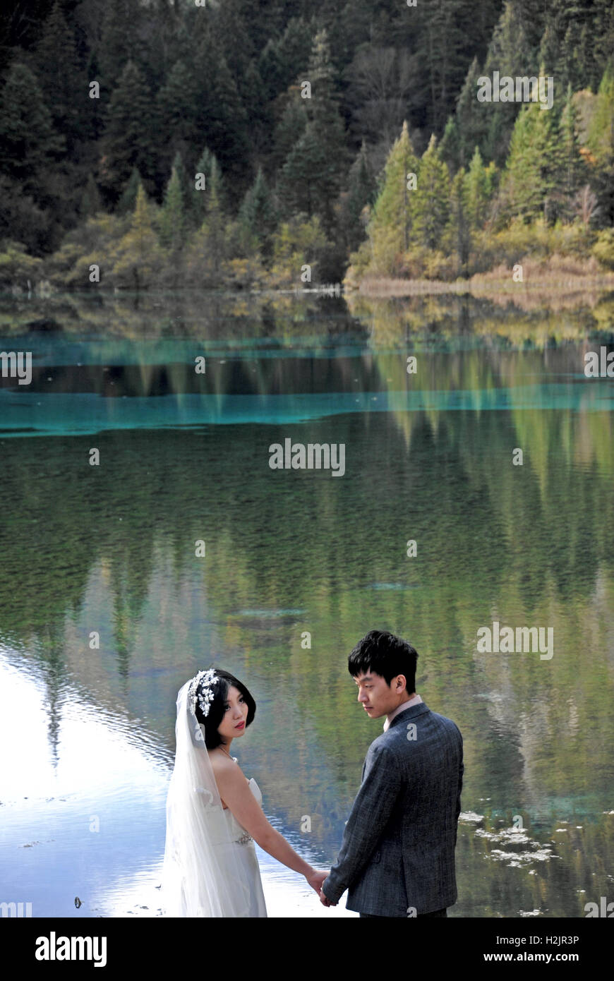 A Chinese bride and groom pose for their wedding picture at Five Flower ...