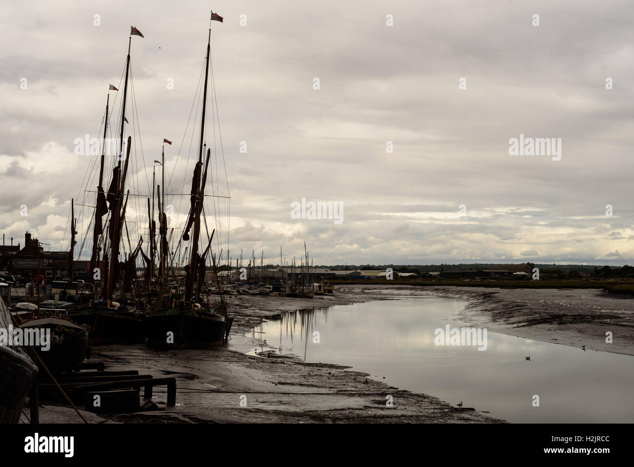Moored boats and yachts in the estuary town of Maldon Essex England ...