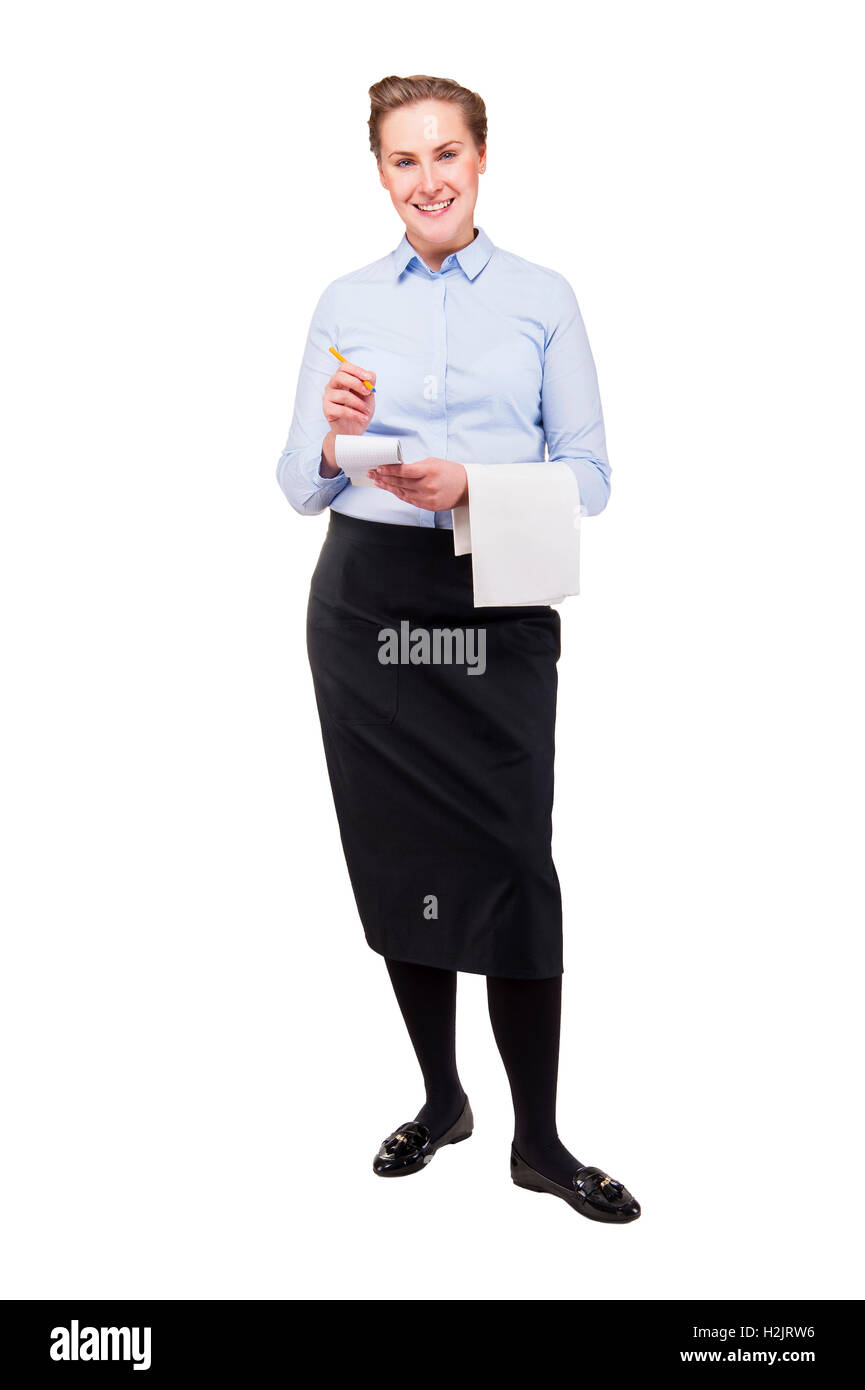 Woman in waiter uniform taking order, Smiling, isolated on White ...