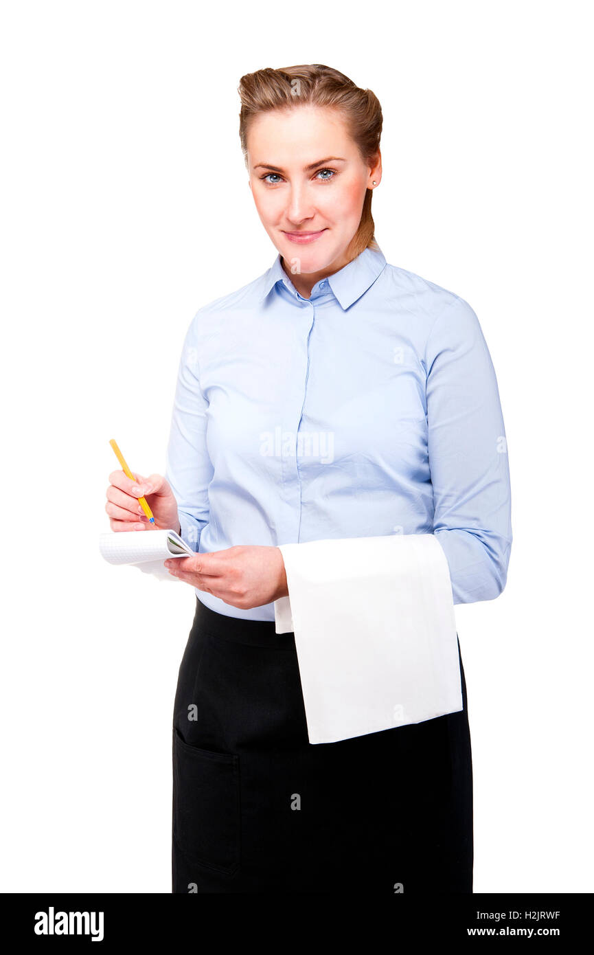 Young woman in waiter uniform holding notepad isolated over white ...