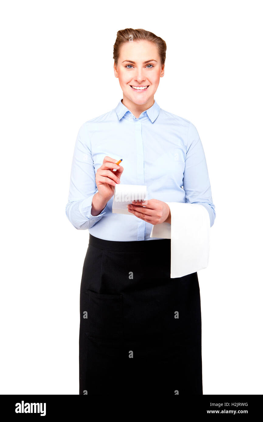 Young woman in waiter uniform holding notepad isolated over white ...