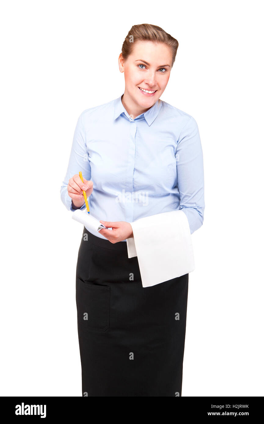 Young woman in waiter uniform holding notepad isolated over white ...