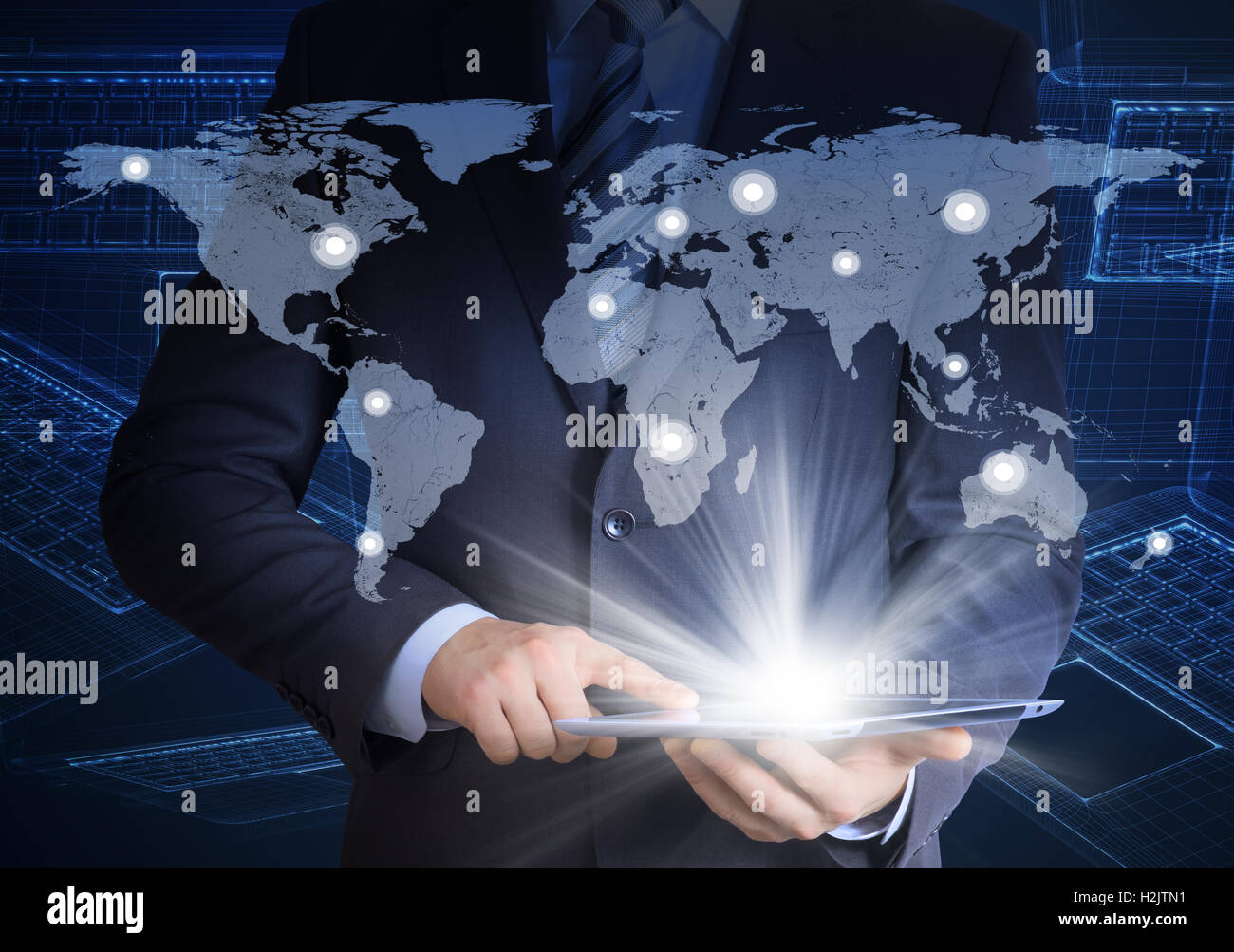 Man in suit, world map and contacts Stock Photo - Alamy