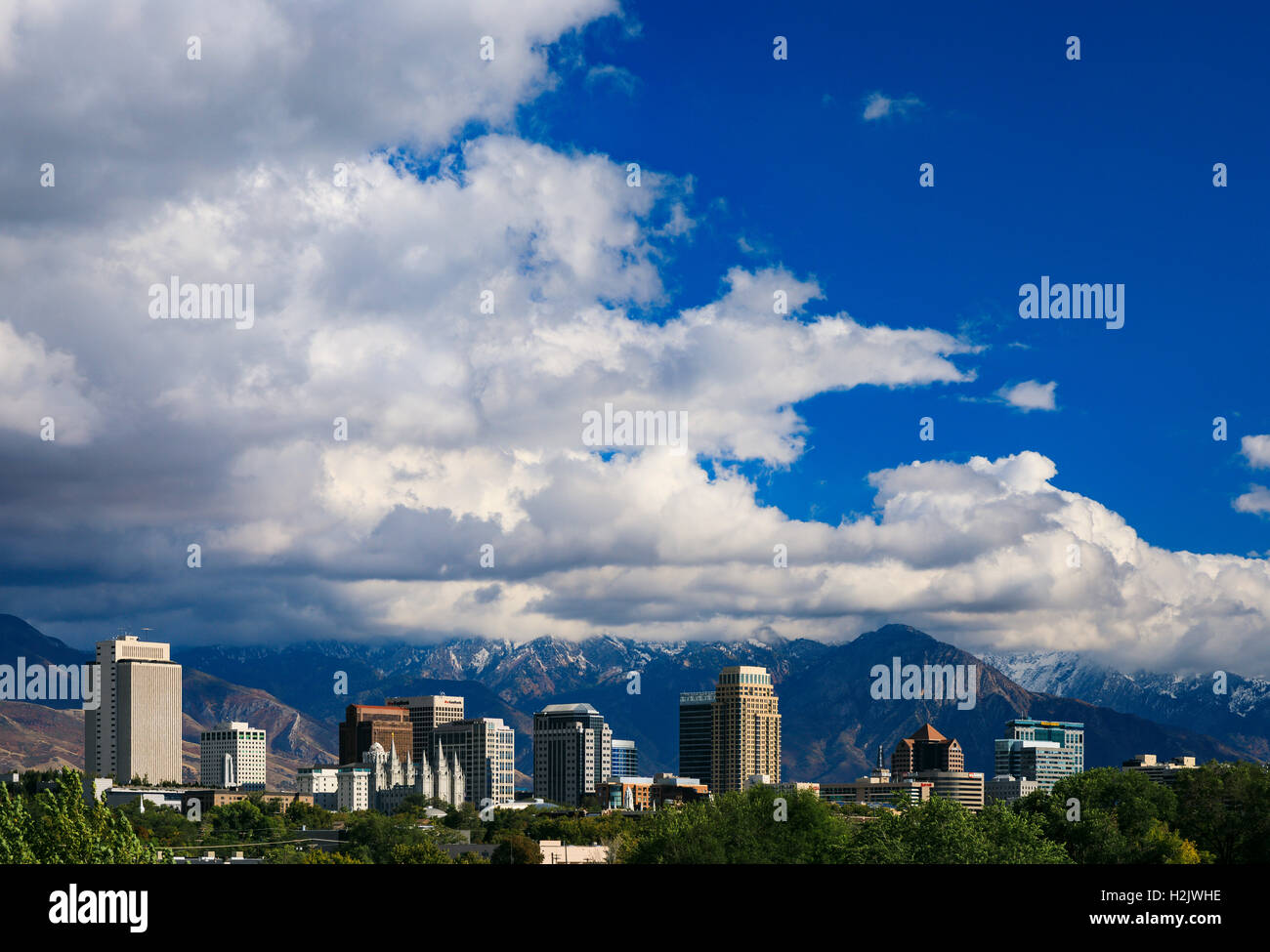 In this September view the late afternoon sun lights up the buildings ...