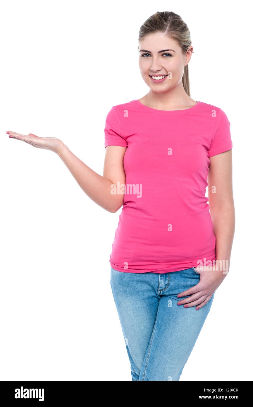 Pretty girl promoting something Stock Photo - Alamy