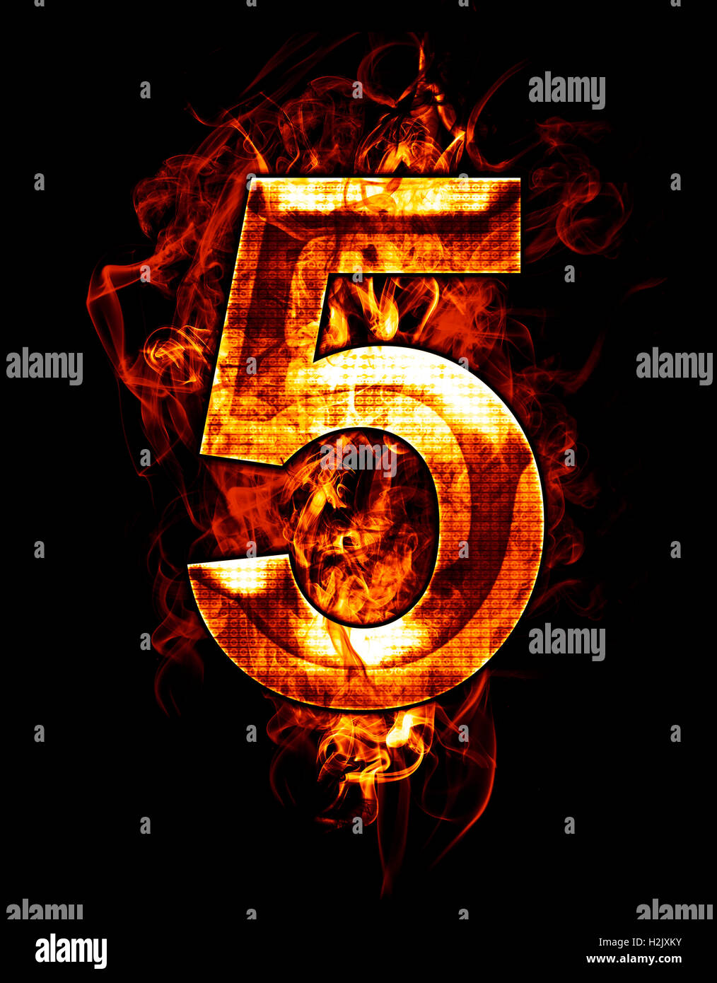 five, illustration of number with chrome effects and red fire o Stock ...