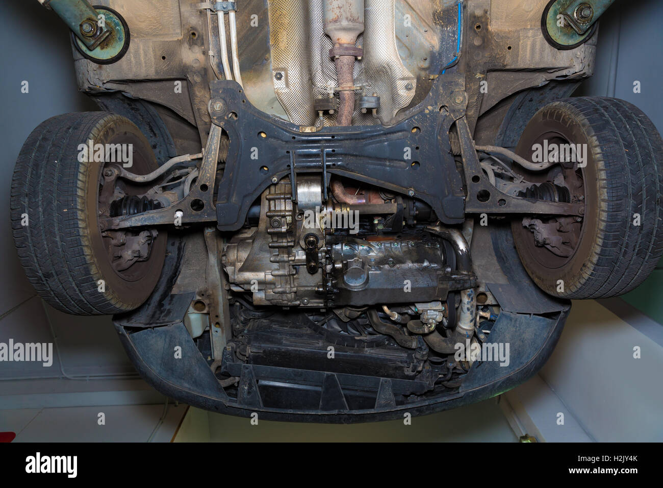 Car underbody front enginee wheels drives suspension Stock Photo - Alamy