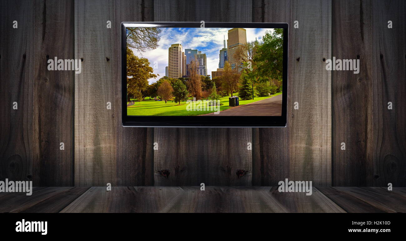 wooden background with tv and Melbourne landscape Stock Photo - Alamy