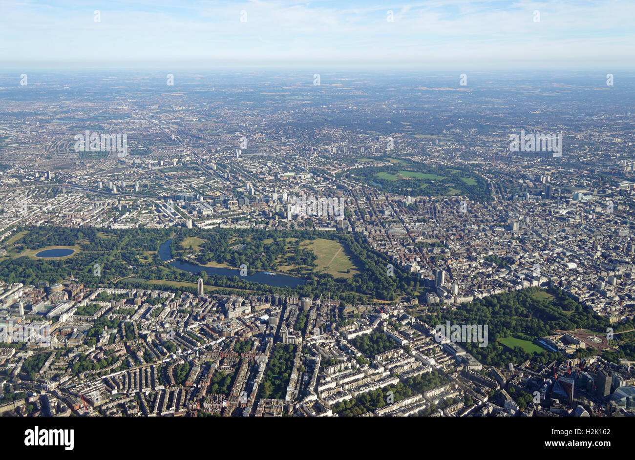 Aerial view of Central London and Hyde Park from an airplane window ...