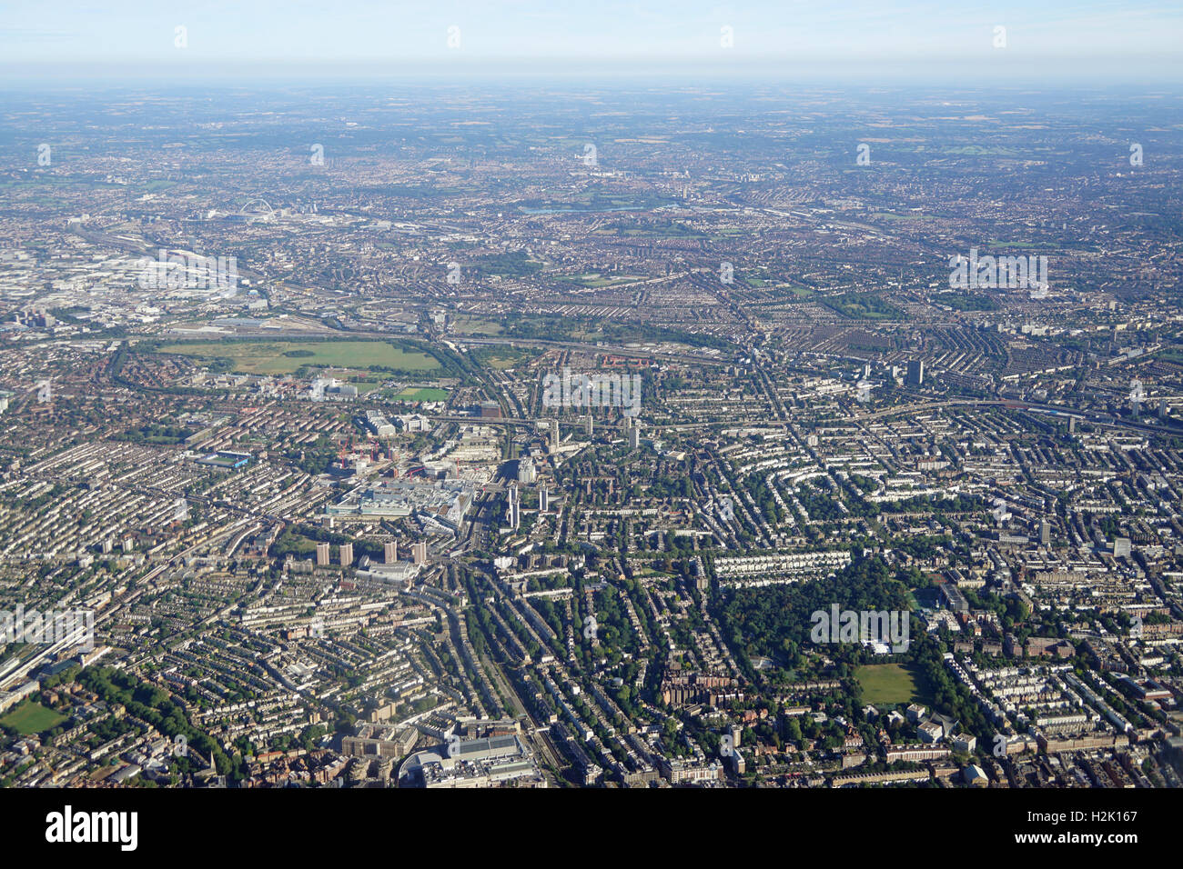 Aerial view of Central London and Hyde Park from an airplane window ...