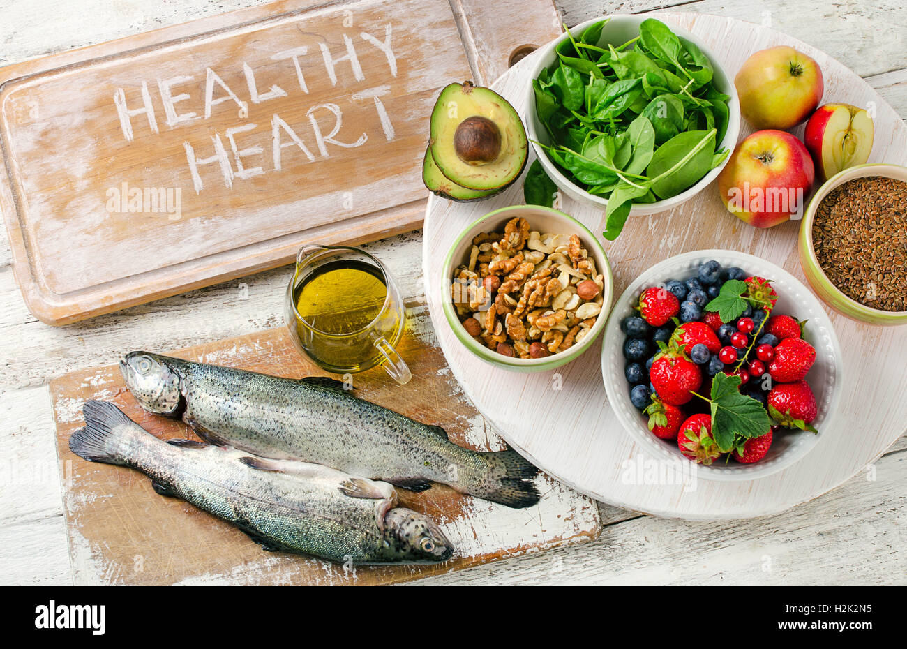 Good Foods for healthy Heart. Top view Stock Photo - Alamy