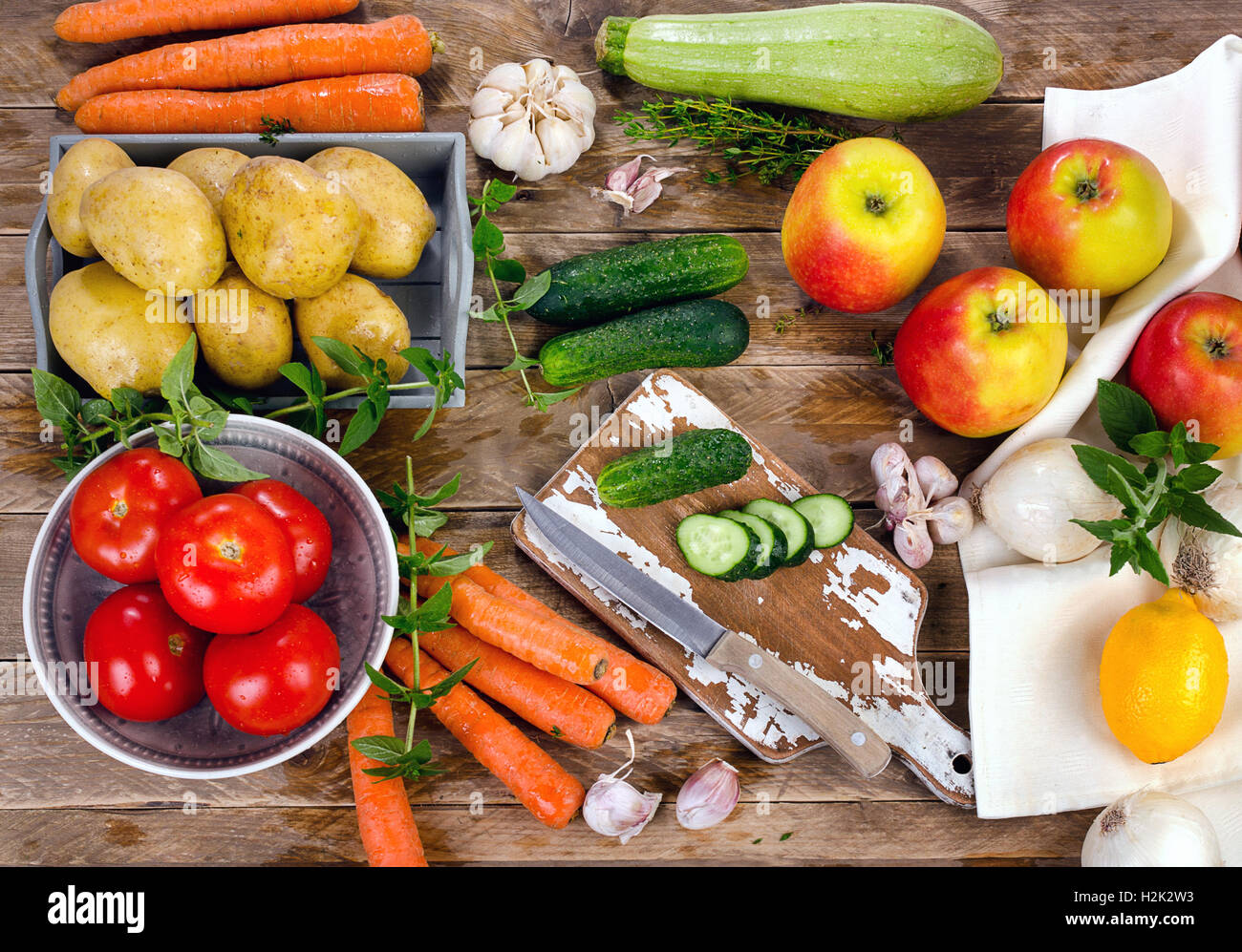 Healthy raw organic vegetables and fruits. Food background Stock Photo ...