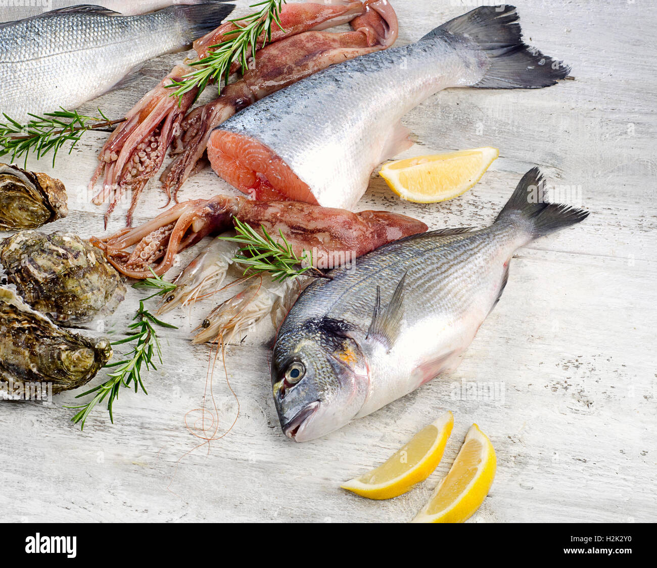 Fresh raw seafood. Healthy diet eating. Top view Stock Photo - Alamy