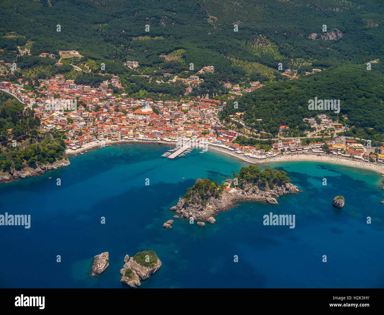 Aerial view on the village of Parga Greece - Shot from Helicopter Stock ...