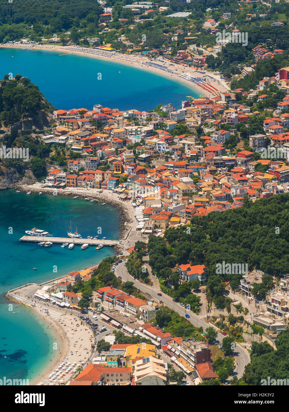 Aerial view on the village of Parga Greece - Shot from Helicopter Stock ...