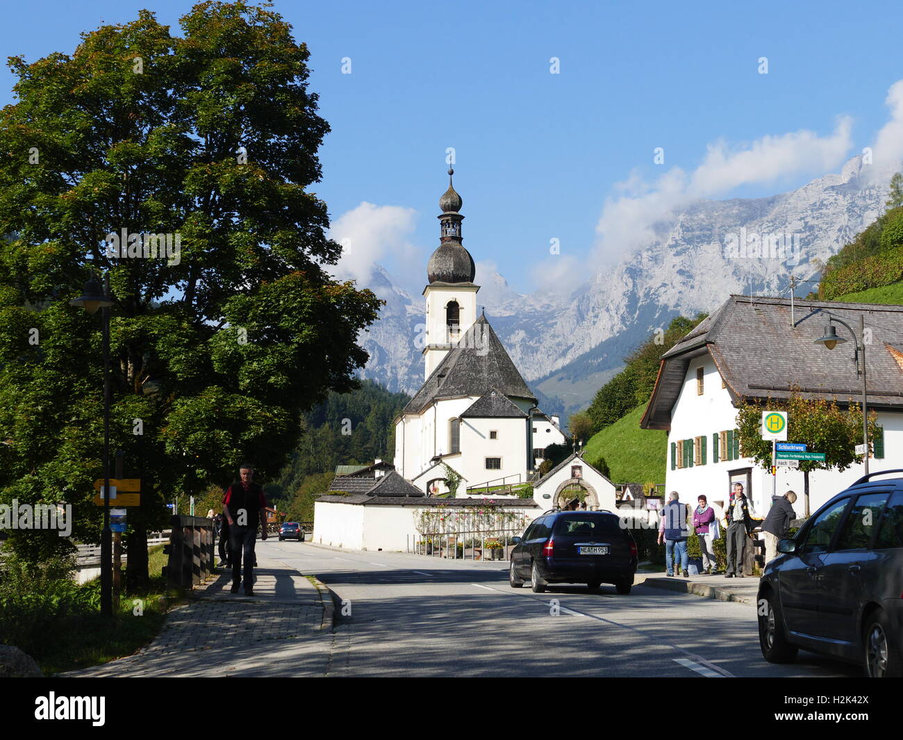Bavaria Berchtesgaden National Park Ramsau St. Sebastian Church river ...