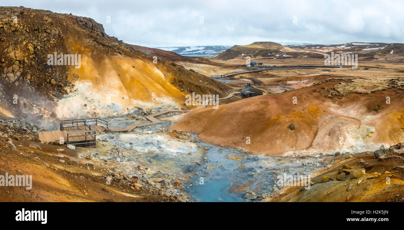 Boardwalk over steaming ground, mineral deposits, Seltún geothermal ...