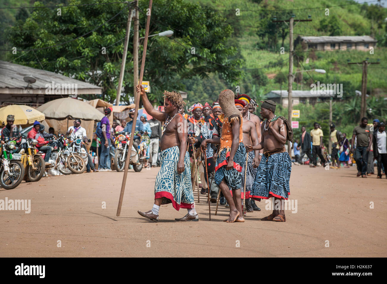 Procession of a secret male association, group of male tribe leaders ...