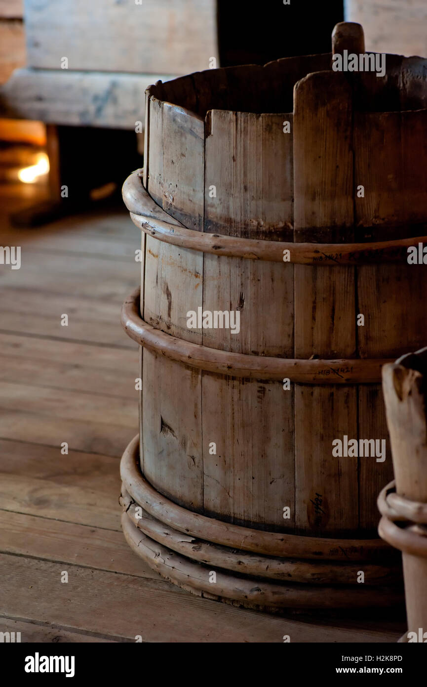 Old wooden bucket close-up in house Stock Photo - Alamy
