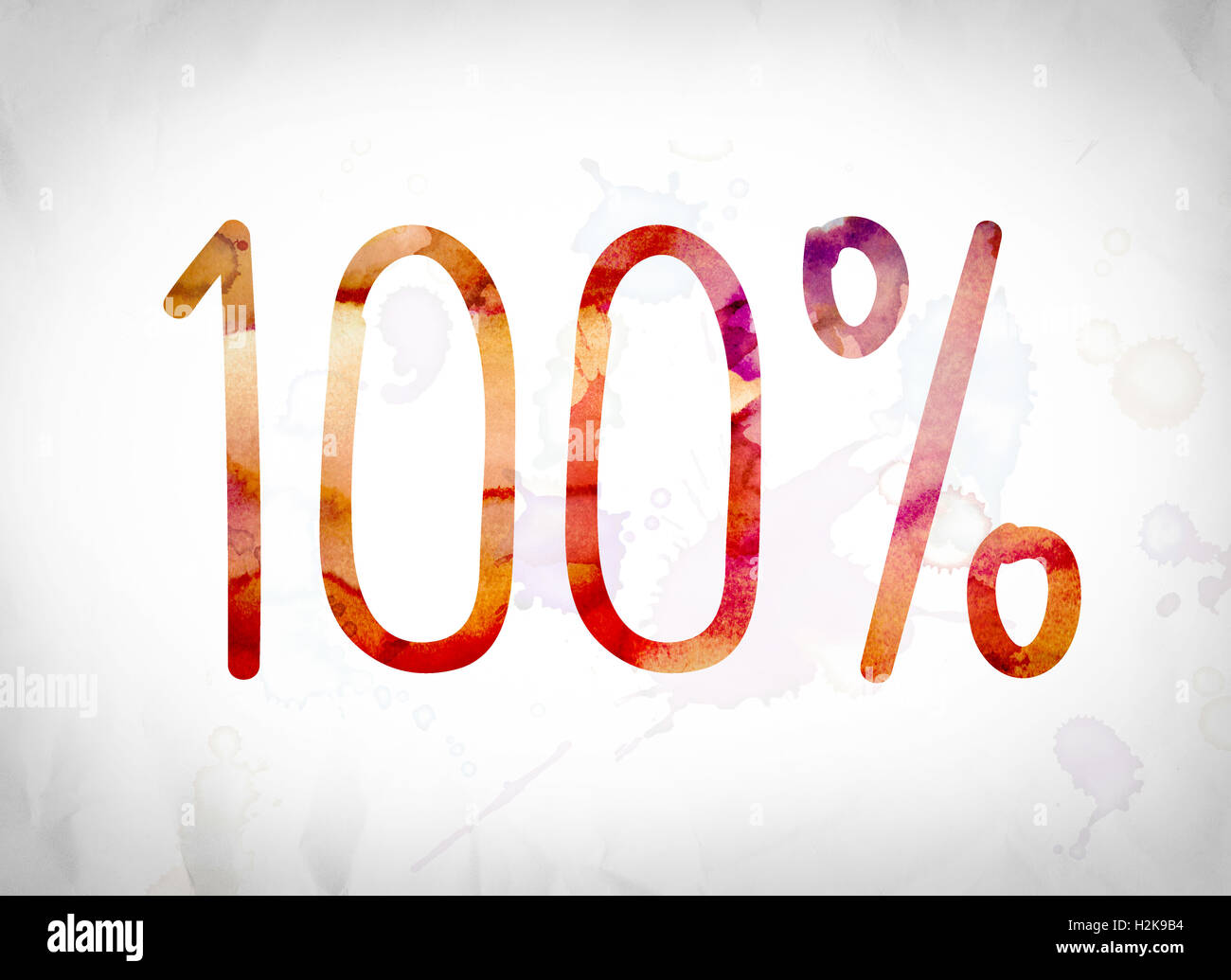 The word "100 Percent" written in watercolor washes over a white paper ...