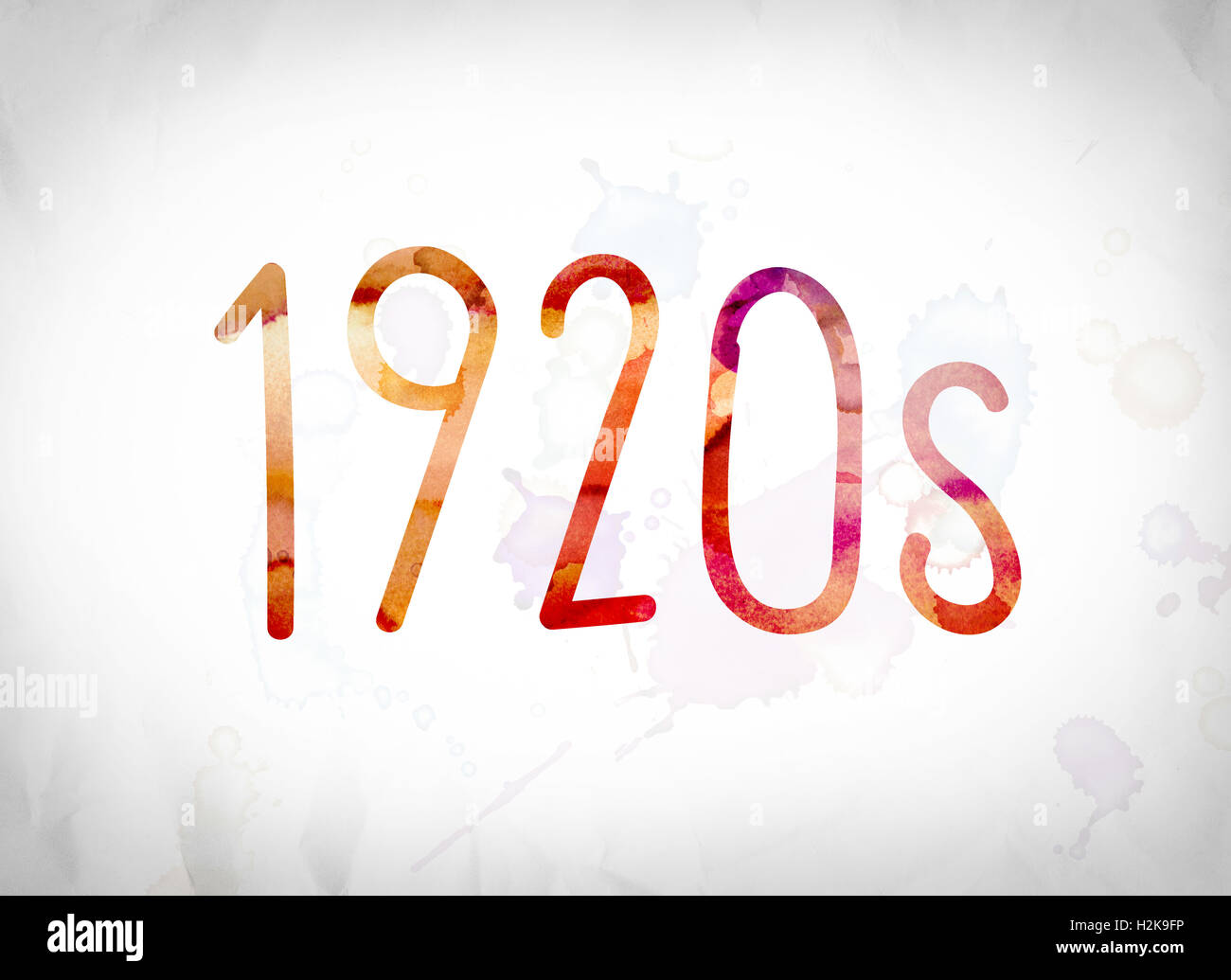 The word "1920s" written in watercolor washes over a white paper ...