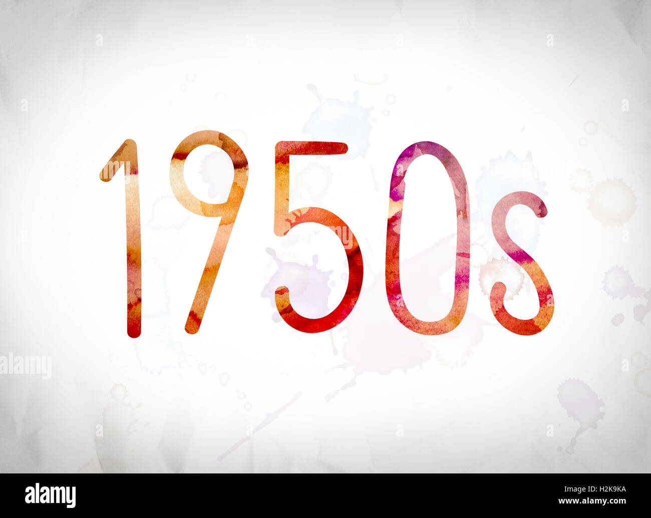The word "1950s" written in watercolor washes over a white paper ...