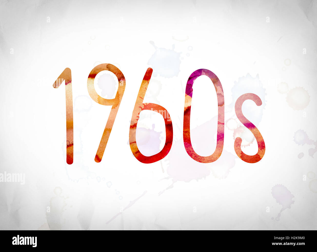 The word "1960s" written in watercolor washes over a white paper ...