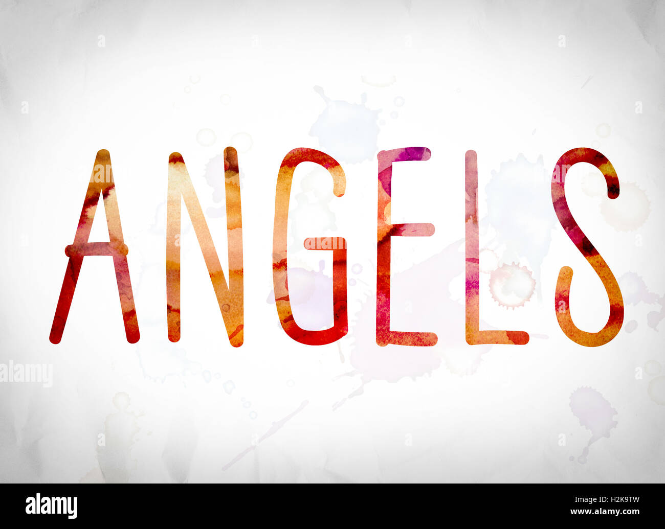 The word "Angels" written in watercolor washes over a white paper ...