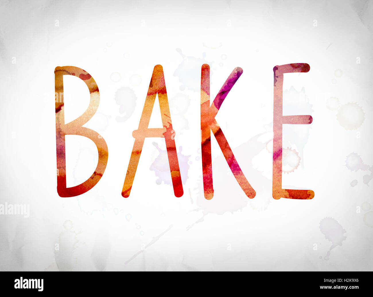 The word "Bake" written in watercolor washes over a white paper ...