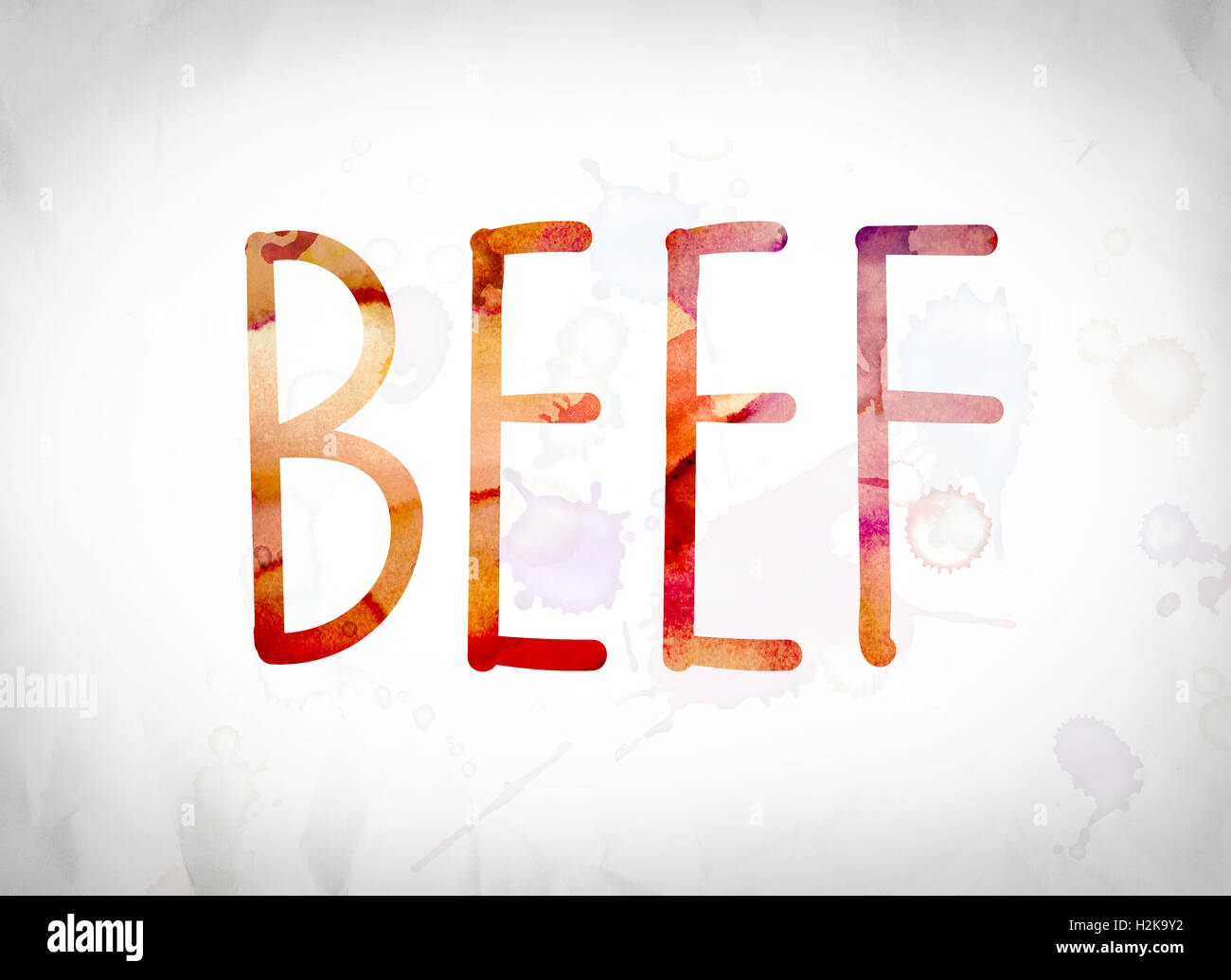 The word "Beef" written in watercolor washes over a white paper ...