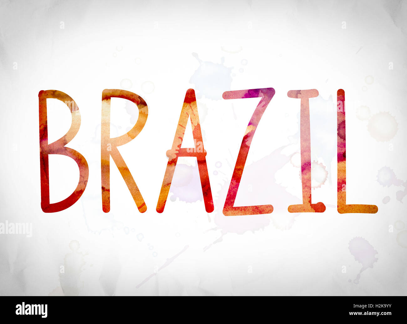 The word "Brazil" written in watercolor washes over a white paper ...