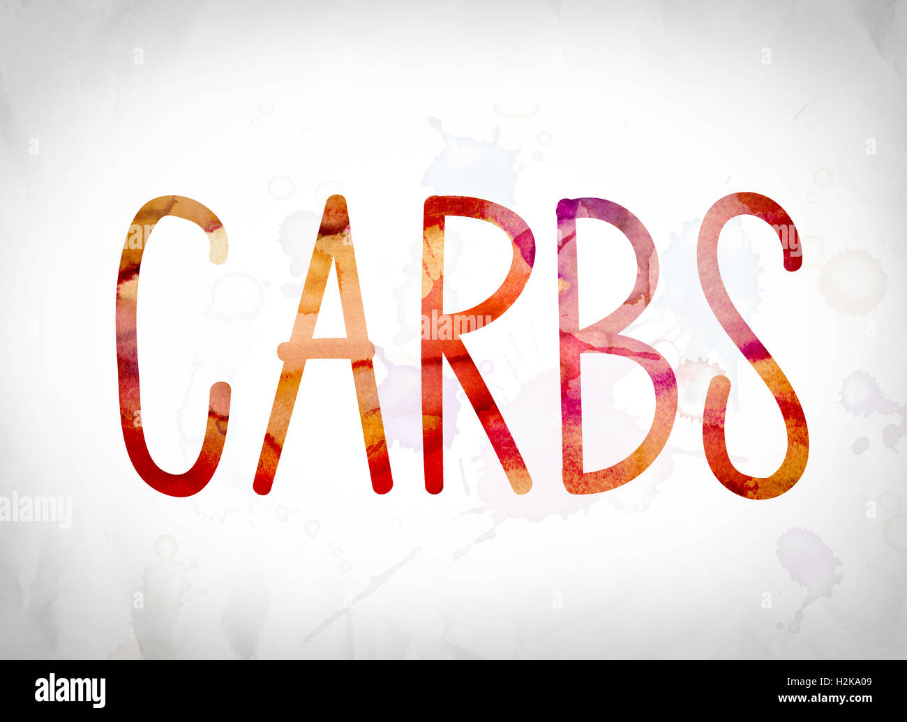 The word "Carbs" written in watercolor washes over a white paper ...