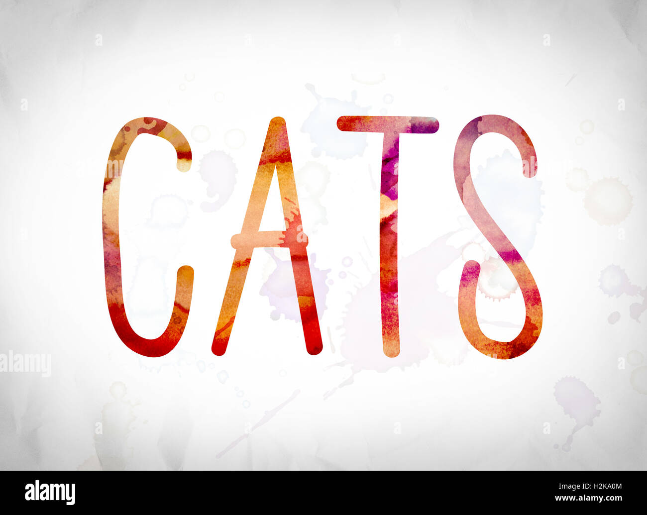 The word "Cats" written in watercolor washes over a white paper ...