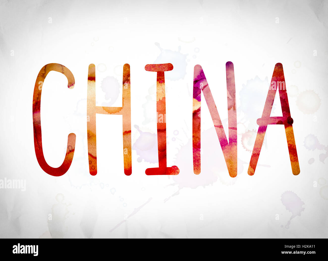 The word "China" written in watercolor washes over a white paper ...