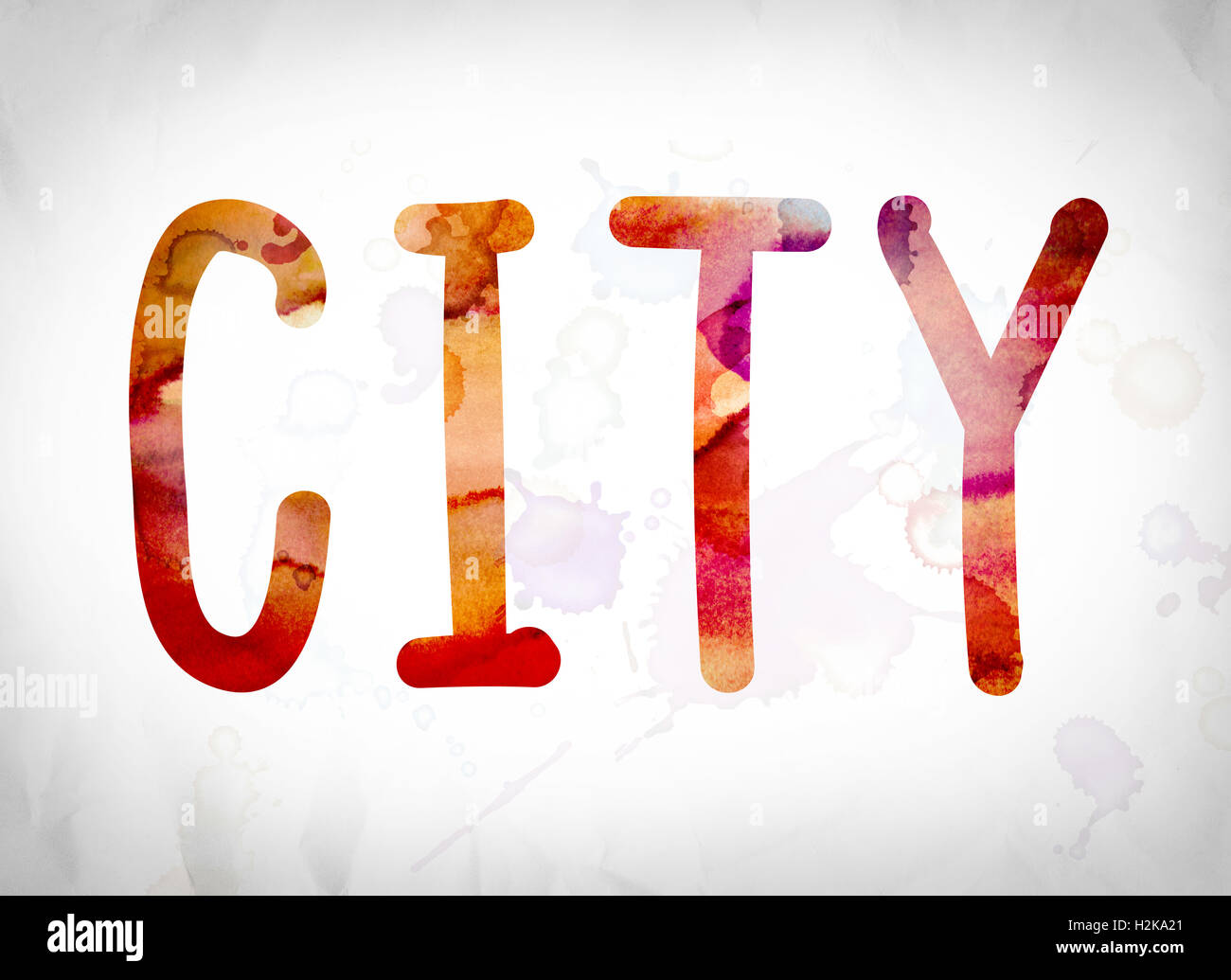 The word "City" written in watercolor washes over a white paper ...