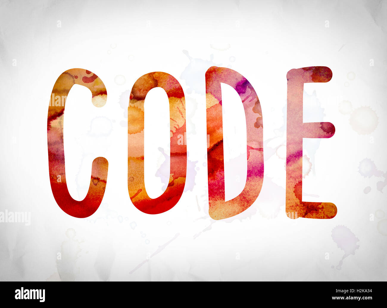 The word "Code" written in watercolor washes over a white paper ...