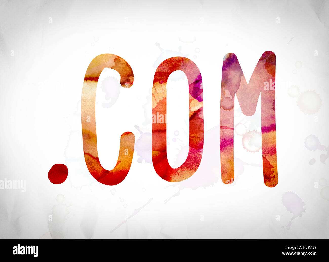 The word ".com" written in watercolor washes over a white paper ...