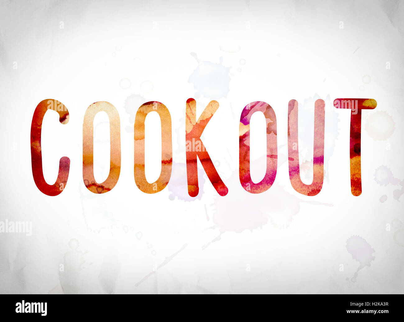 The word "Cookout" written in watercolor washes over a white paper ...