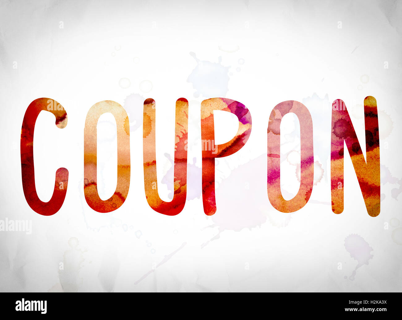 The word "Coupon" written in watercolor washes over a white paper ...