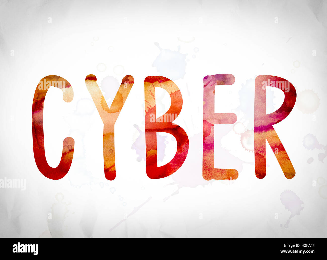 The word "Cyber" written in watercolor washes over a white paper ...