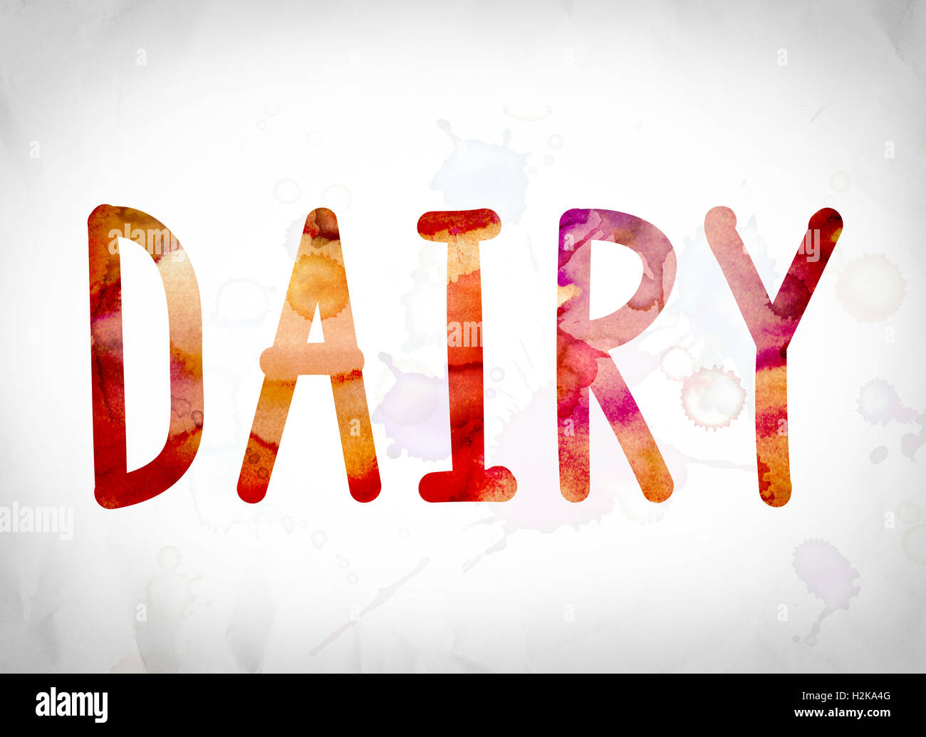 The word "Dairy" written in watercolor washes over a white paper ...