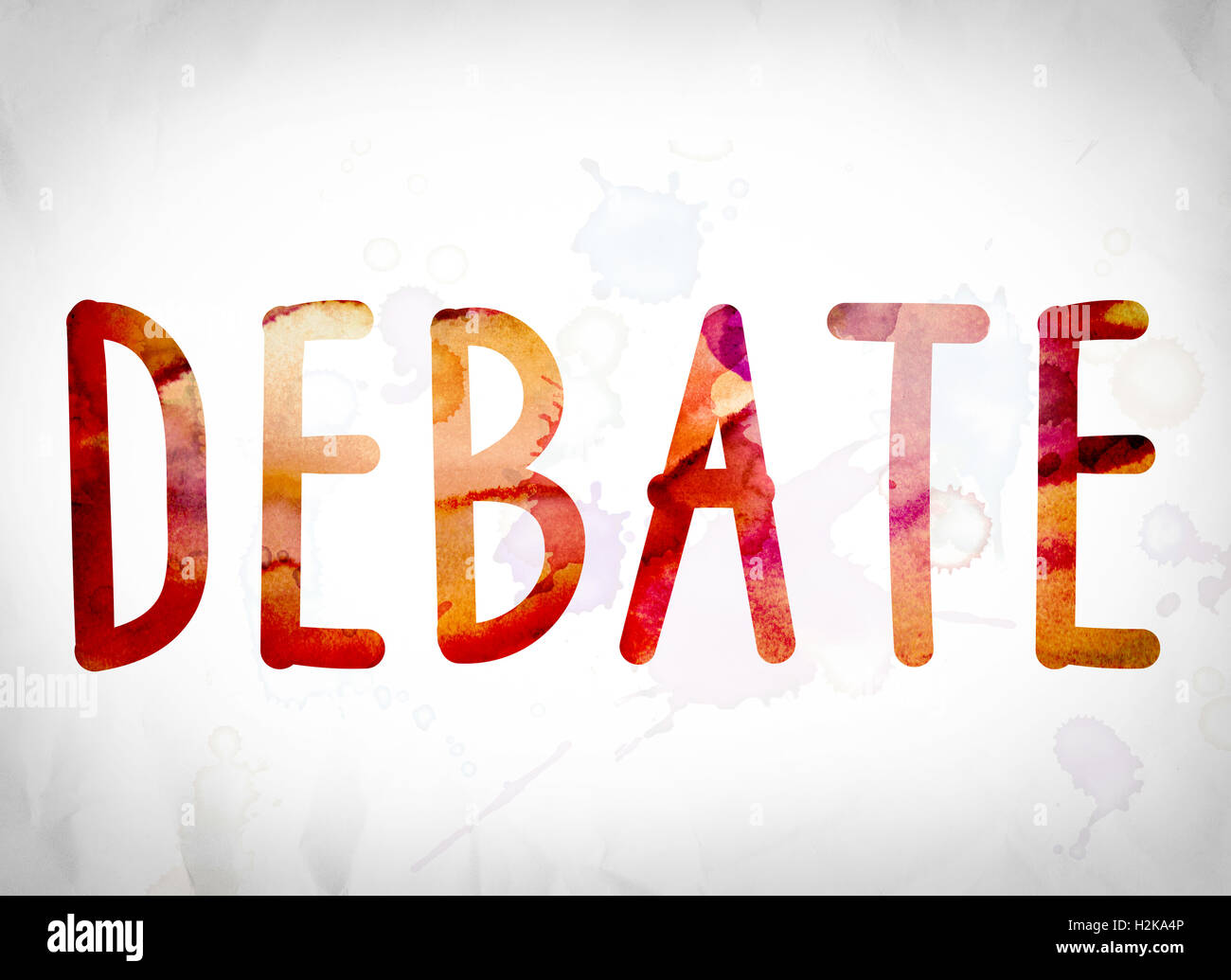 The word "Debate" written in watercolor washes over a white paper ...