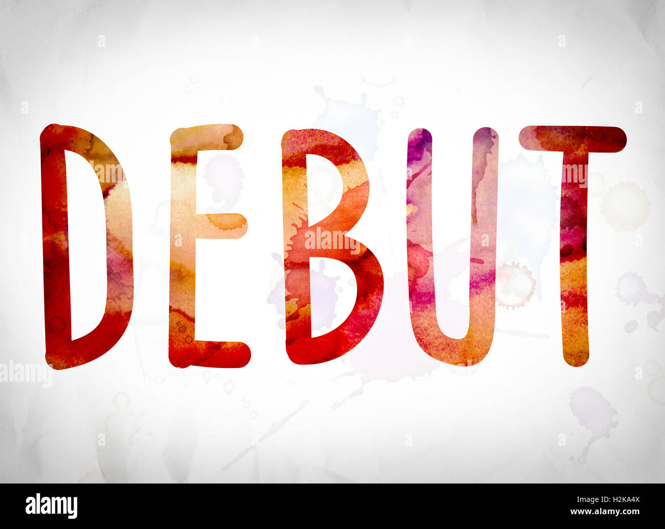 The word "Debut" written in watercolor washes over a white paper ...
