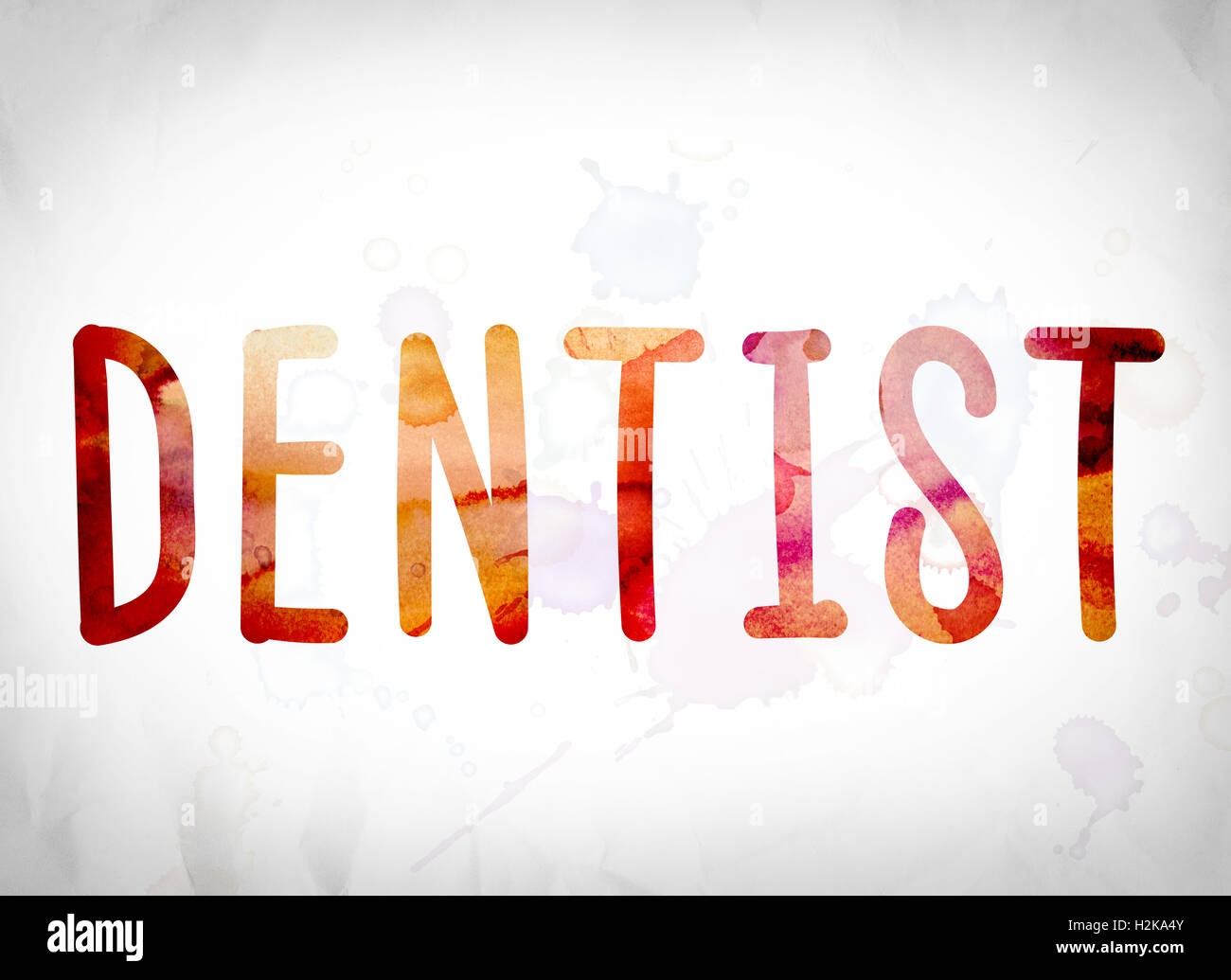 The word "Dentist" written in watercolor washes over a white paper ...