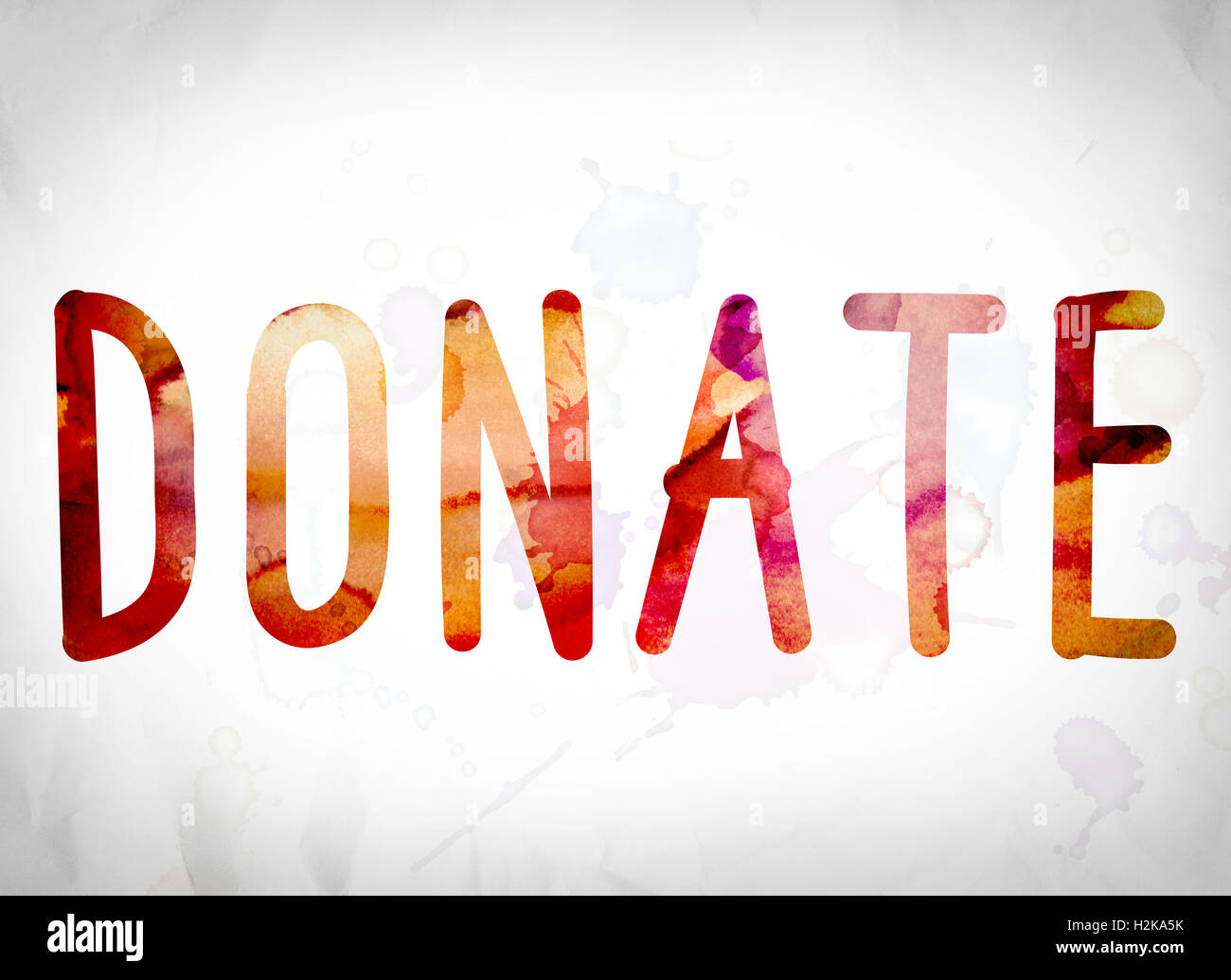 The word "Donate" written in watercolor washes over a white paper ...