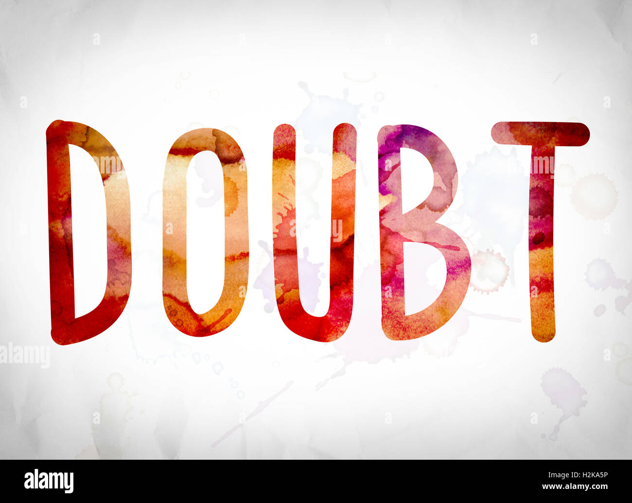The word "Doubt" written in watercolor washes over a white paper ...