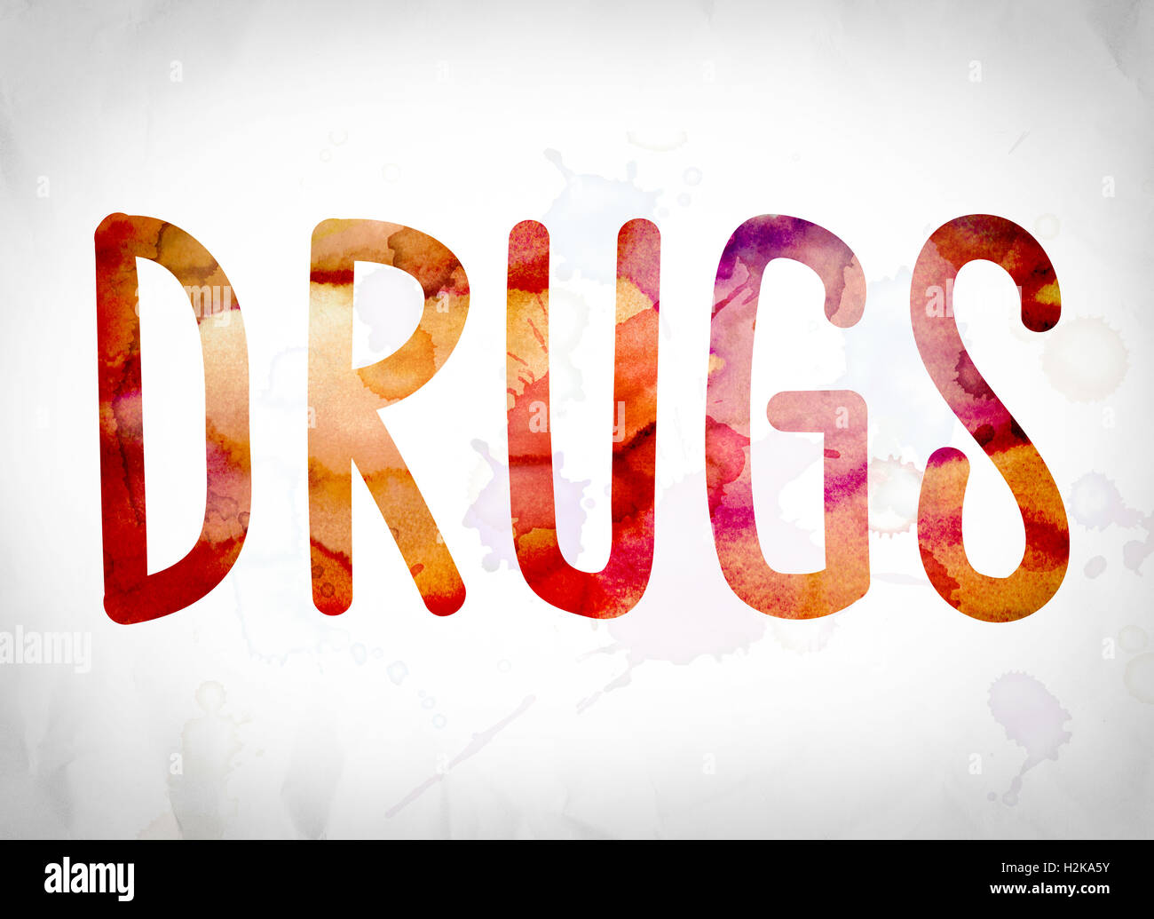 The word "Drugs" written in watercolor washes over a white paper ...