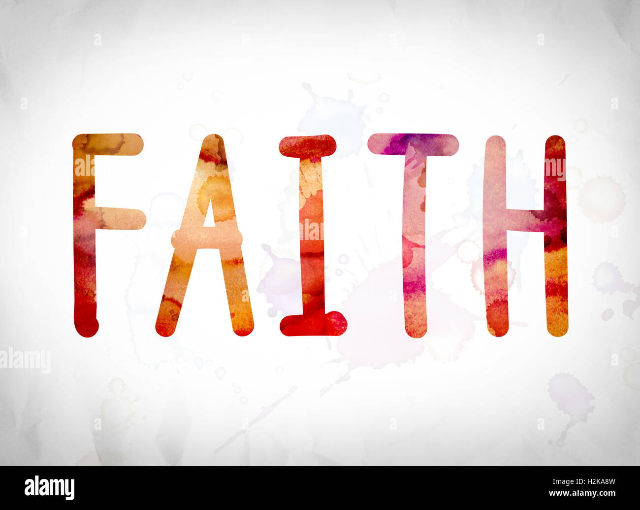 The word "Faith" written in watercolor washes over a white paper ...
